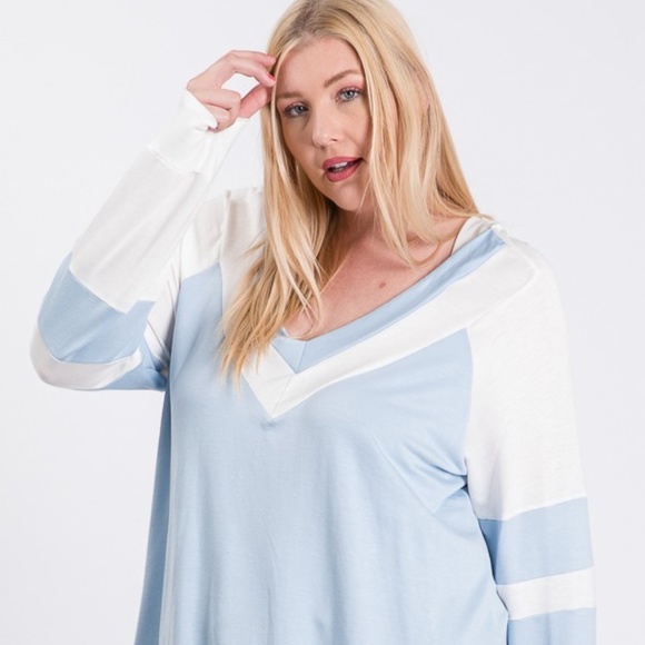 Tops | Plus Size Contrast Hooded Long Sleeve Top Blue | Poshmark
